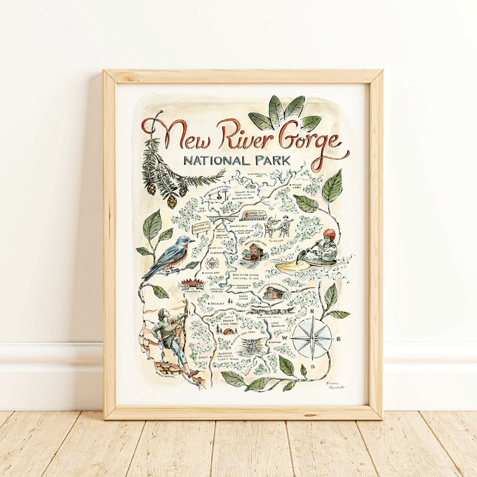 New River Gorge Map - Watercolor Illustrated Print – Rosalie Haizlett ...